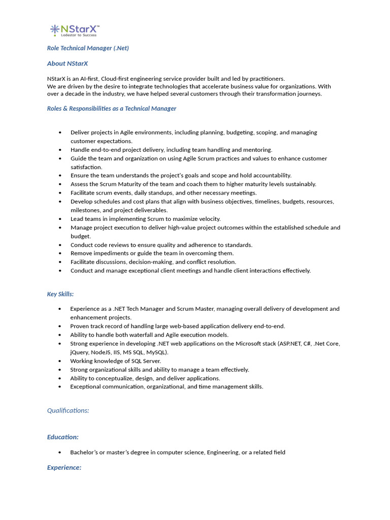 .NET Technical Manager Job Description | PDF | Agile Software ...