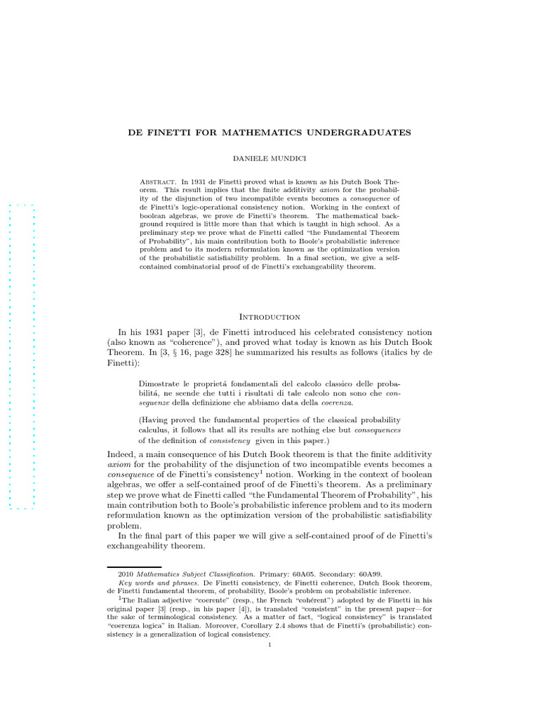 De Finetti for Math Students | PDF | Boolean Algebra | Teaching Mathematics