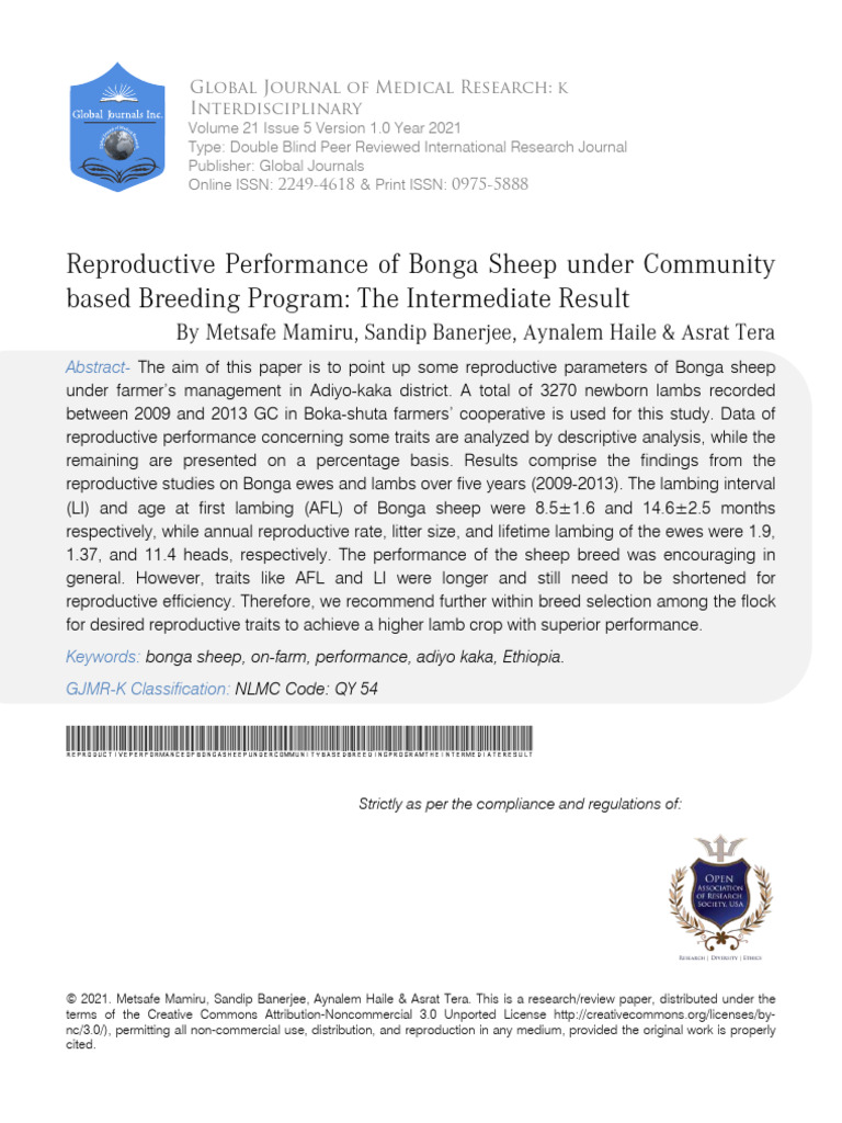 Reproductive Performance of Bonga Sheep | PDF