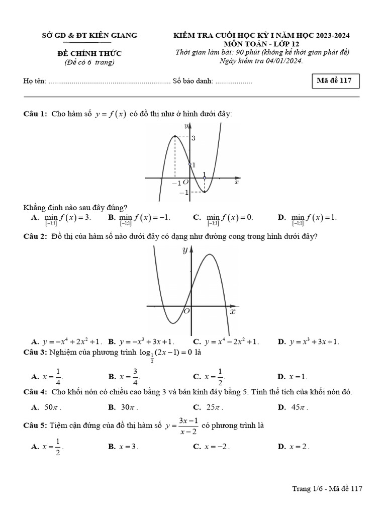 De Kiem Tra Cuoi Hoc Ky 1 Toan 12 Nam 2023 2024 So GDDT Kien Giang | PDF