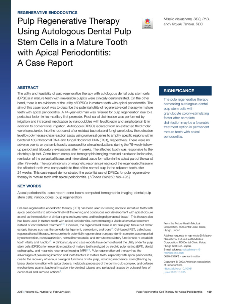 Pulp Regenerative Therapy Using Autologous Dental | PDF
