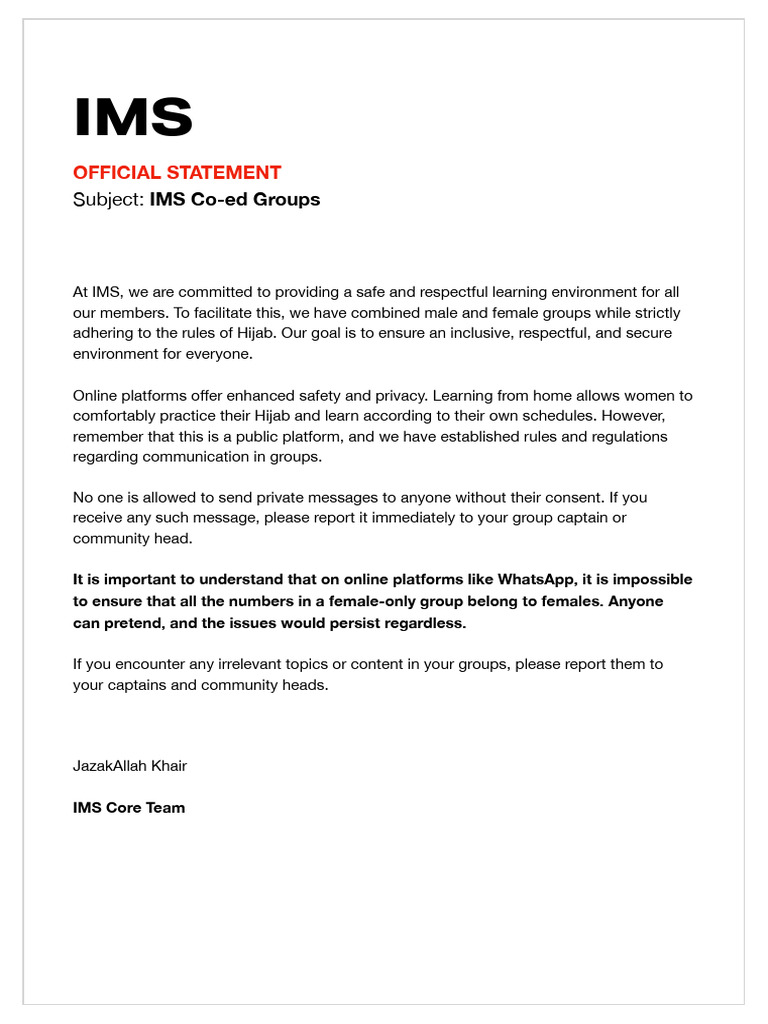 IMS Co Groups Statement | PDF