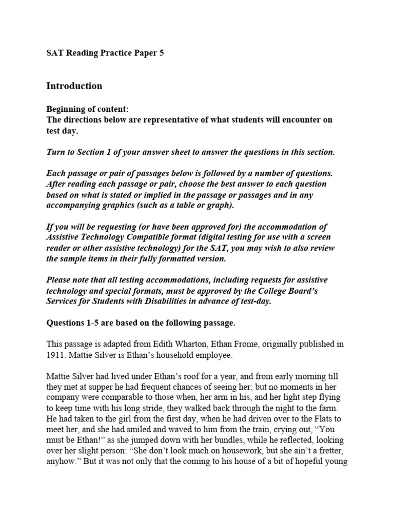 1612839939SAT Reading Practice Paper 5 | PDF | Ethan Frome | General ...