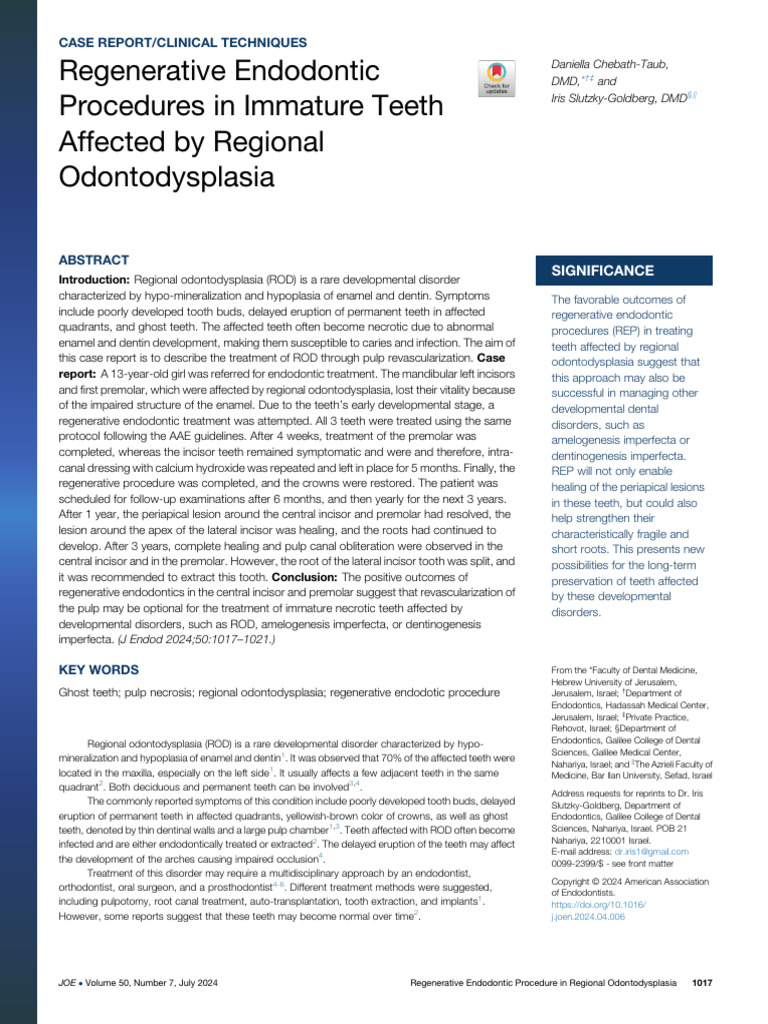 Regenerative Endodontic Procedures in Immature Teeth Affe - 2024 ...