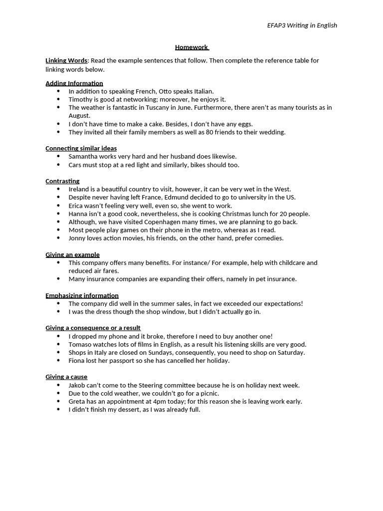 EFAP3 Linking Words Homework Assignments | PDF | Language Arts & Discipline