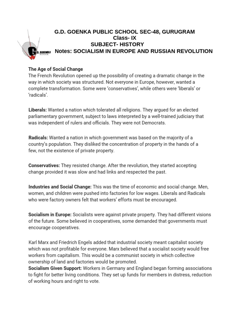 Notes - Socialism in Europe and Russian Revolution | PDF