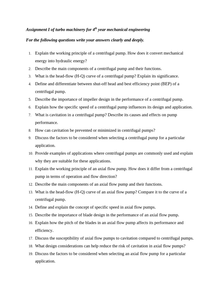 Assignment I of Turbo Machinery For 4 Year Mechanical Engineering For The Following Questions ...