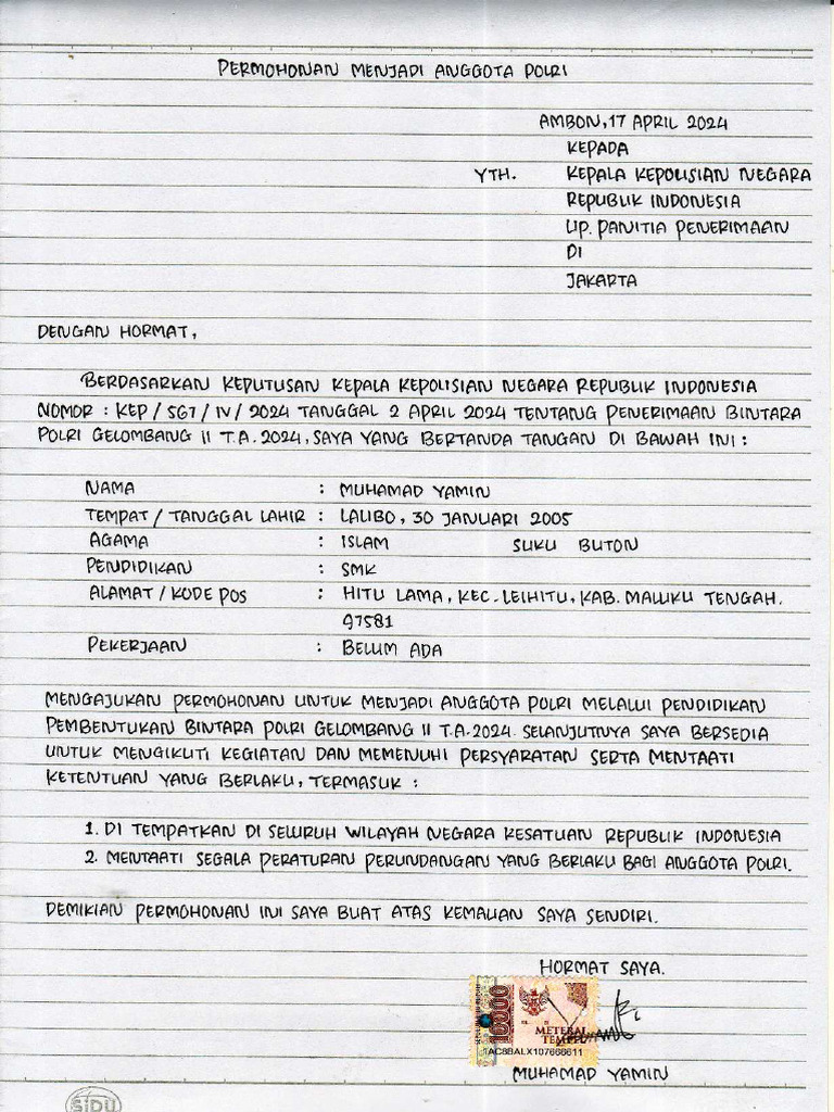 Surat Permohonan Menjadi Anggota Polri | PDF