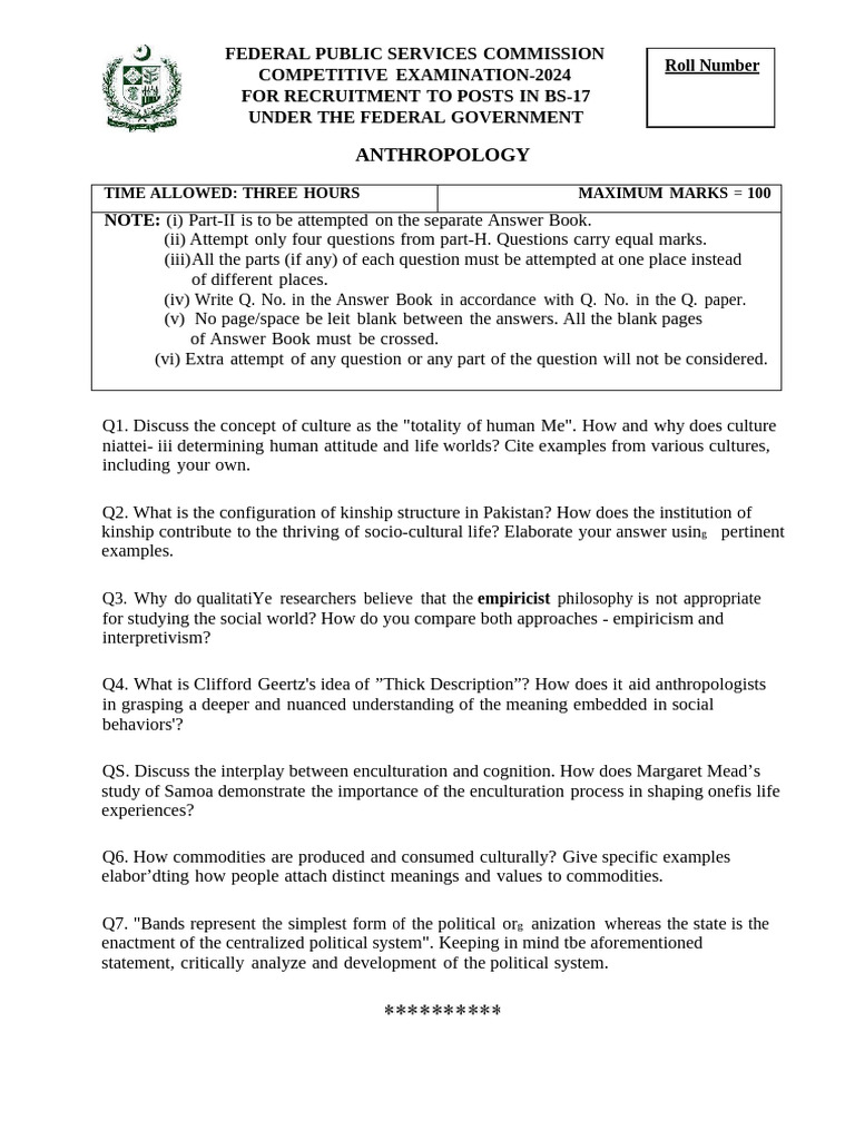 CSS Anthropology Paper 2024 | PDF