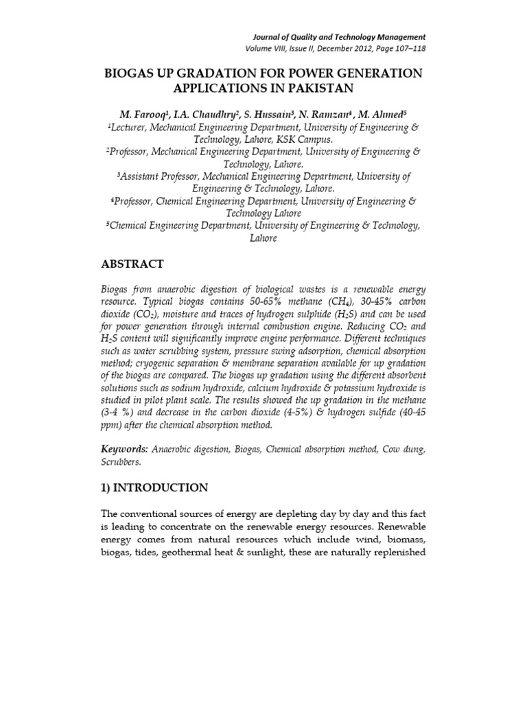 Bio Gas Upgradation-M Farooq | PDF | Biogas | Anaerobic Digestion
