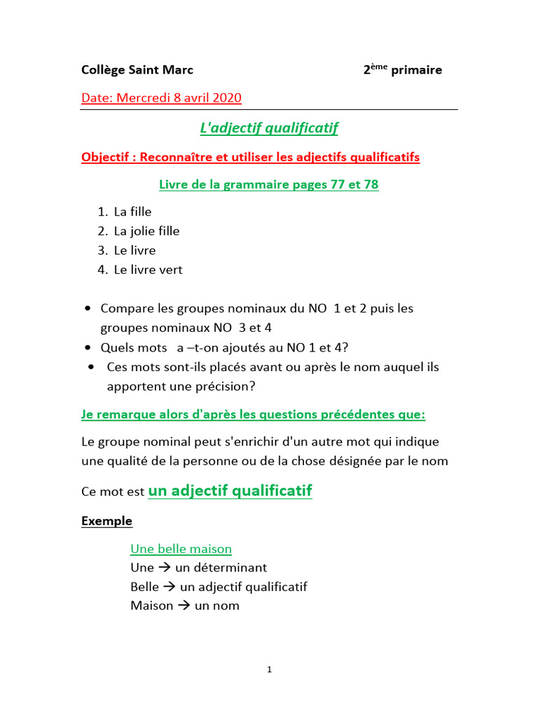 2eme - Explication - de - L - Adjectif - Qualificatif - P77 - Et - 78 | PDF