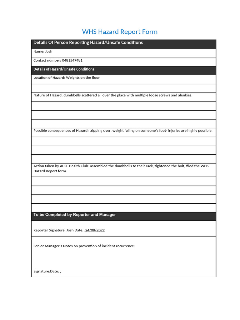 WHS Hazard Report Form | PDF