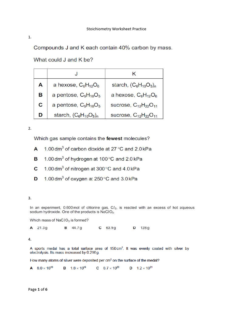 Stoichiometry Practice Worksheet | PDF