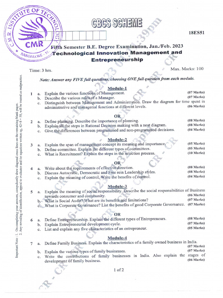 VTU Question Paper of 18ES51 Technological Innovation Management ...