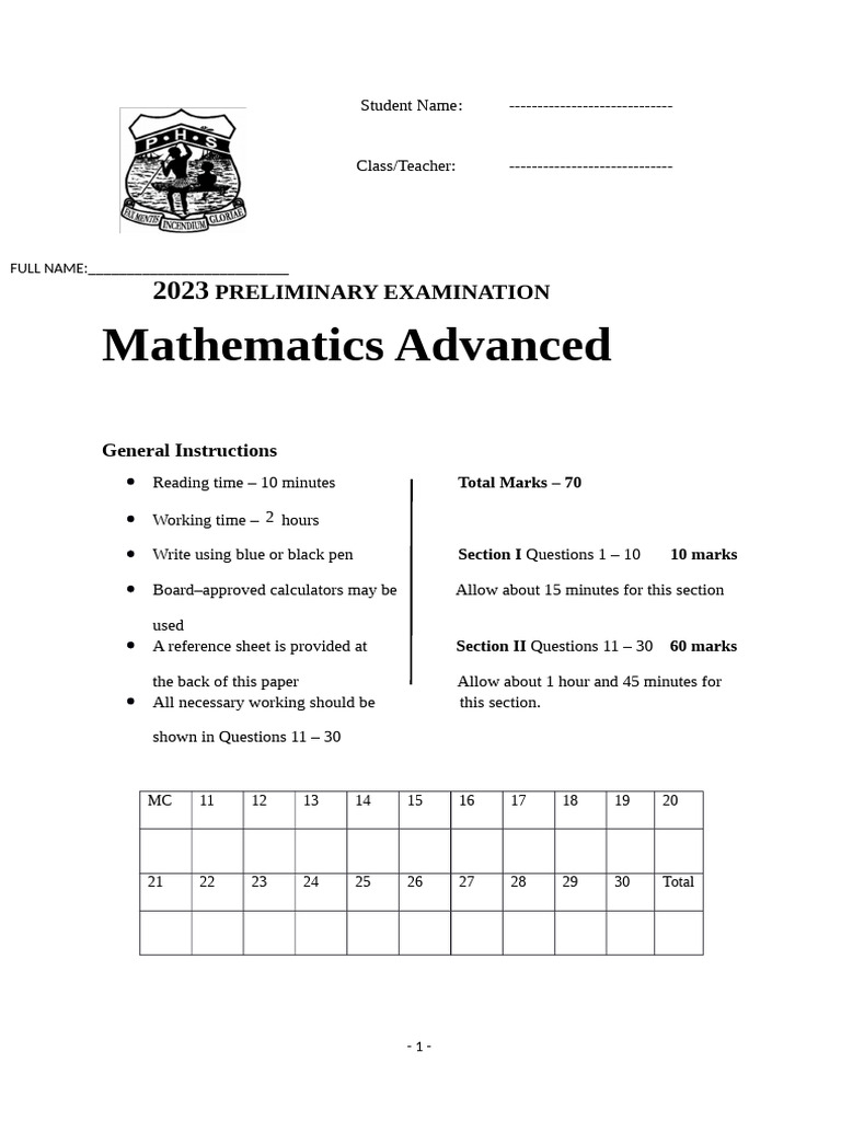 Parramatta 2023 Mathematics Advanced Preliminary | PDF