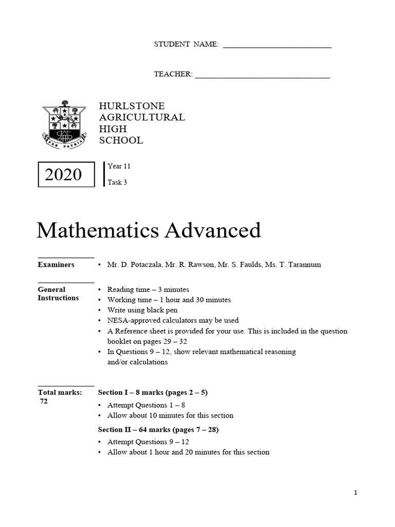 Hurlstone 2020 2U Prelim Yearly & Solutions | PDF