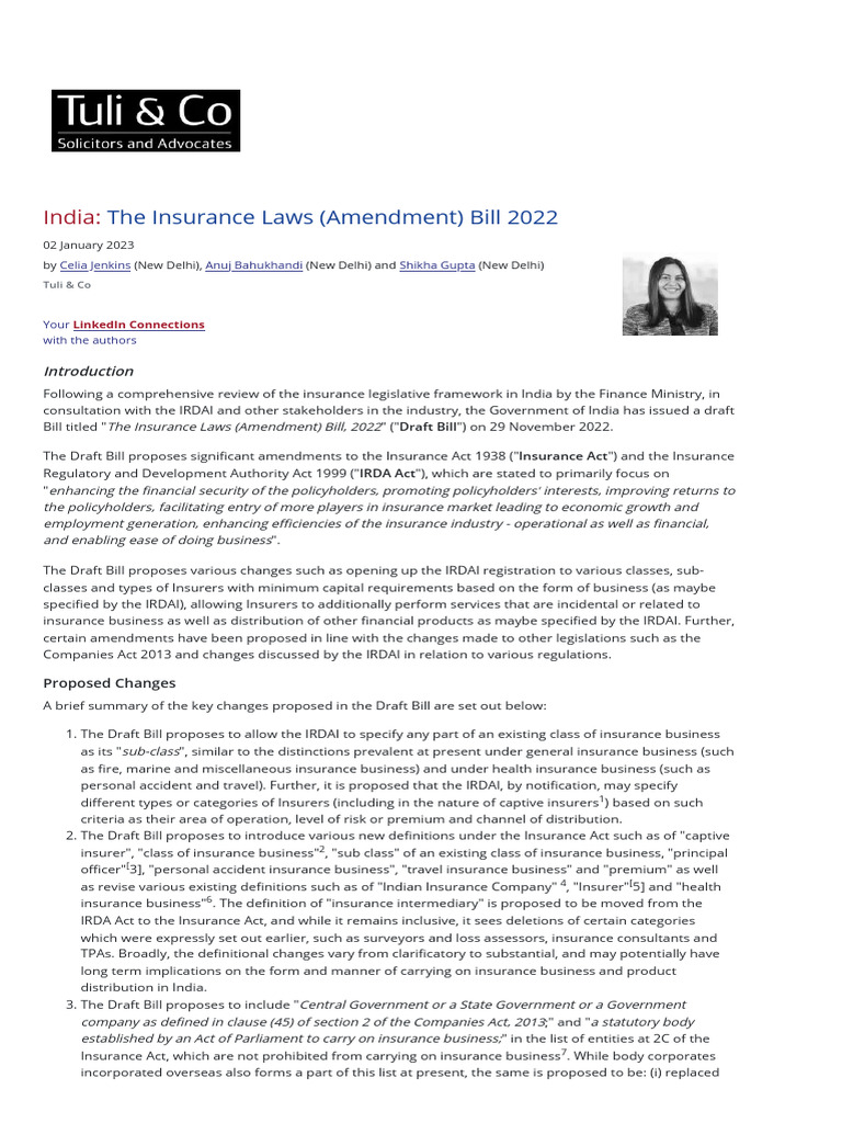 IRDAI Insurance Proposed Amendments Bill | PDF