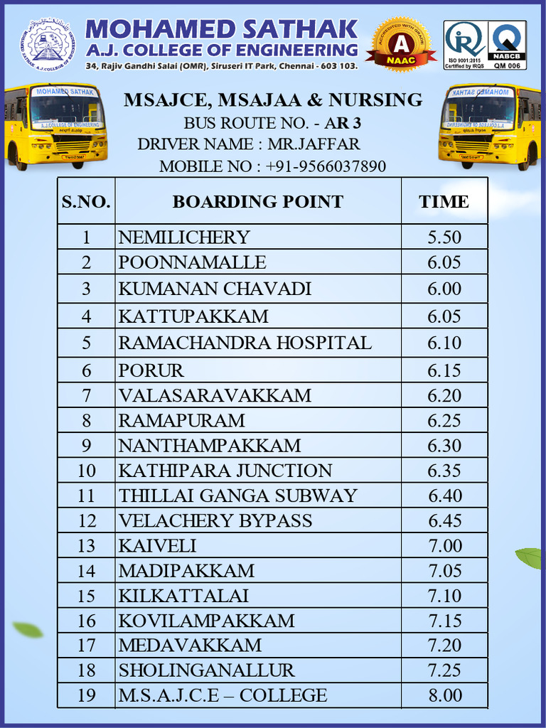 Msajce, Msajaa & Nursing: S.NO. Boarding Point Time | PDF