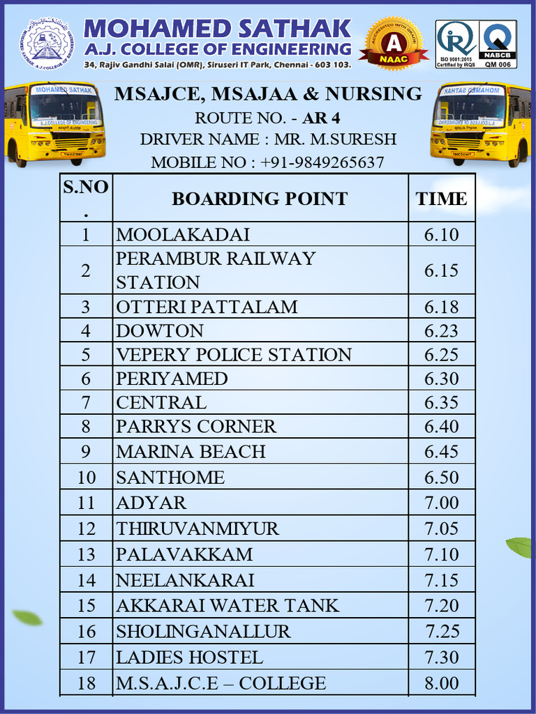 Msajce, Msajaa & Nursing: S.No - Boarding Point Time | PDF