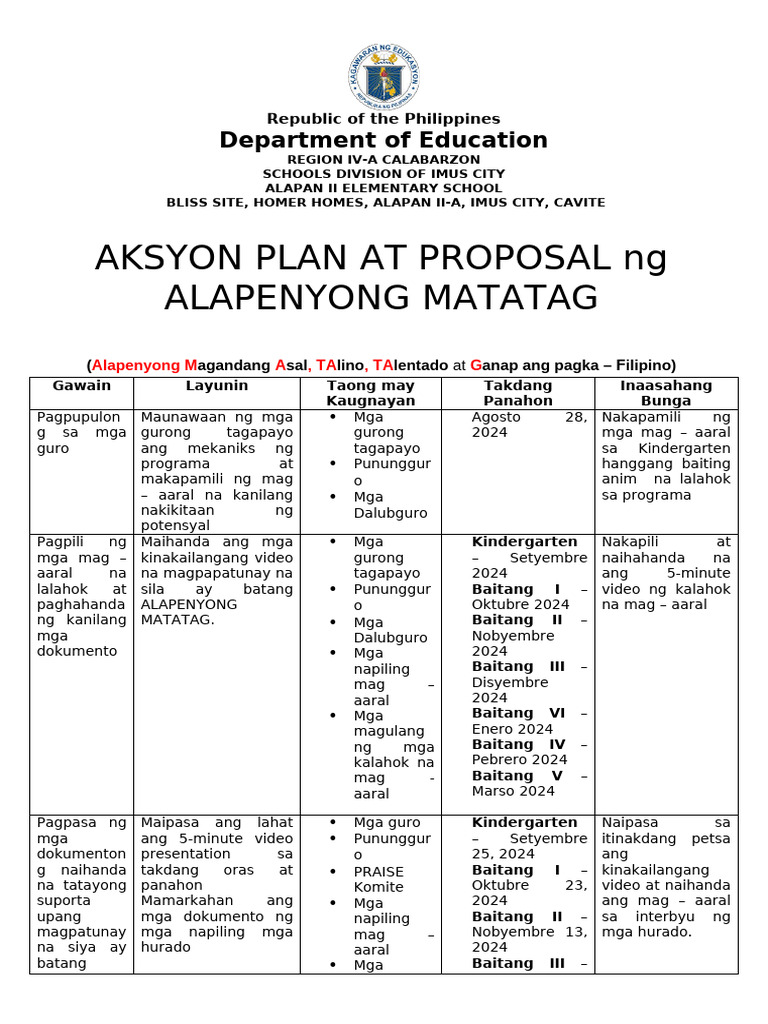 Action Plan Alapenyong Matatag | PDF