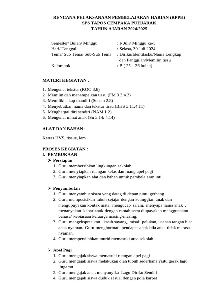RPPH Taman Posyandu Tema Diriku Sub Tema Nama Panggilan Kegiatan ...