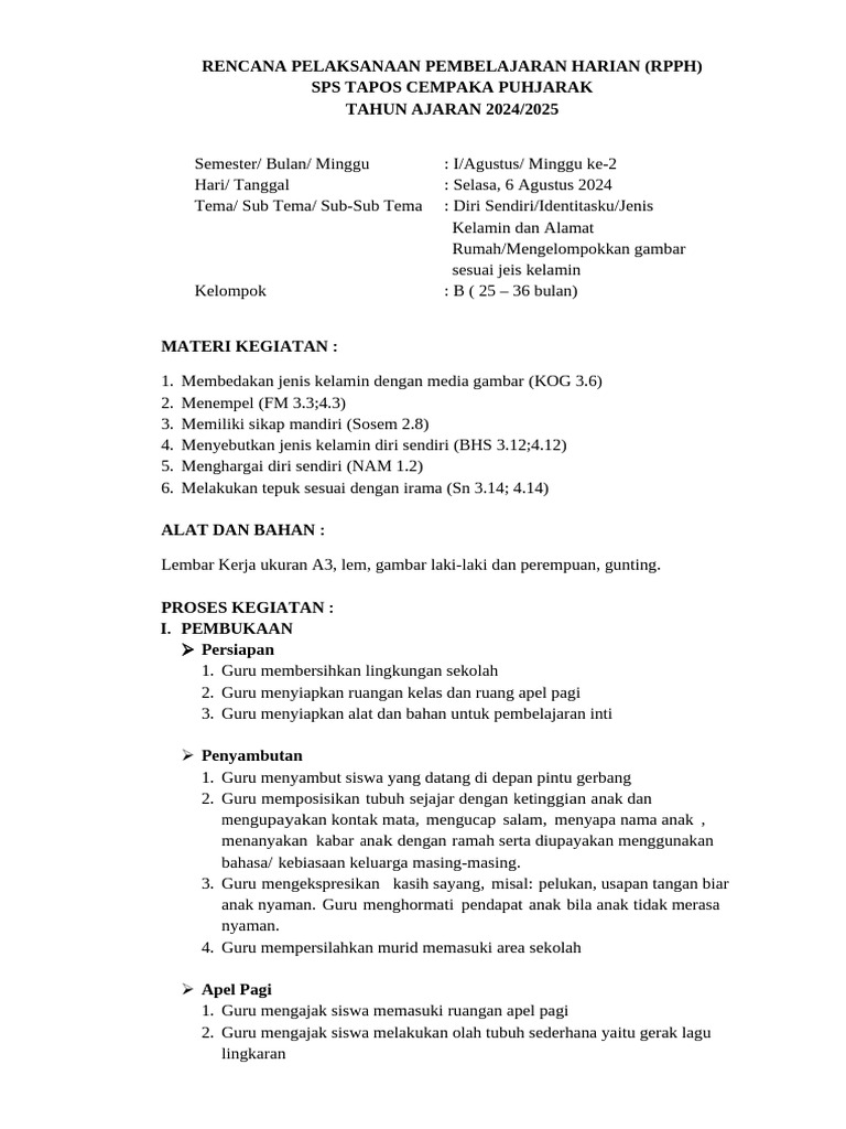 RPPH Taman Posyandu Tema Diriku Sub Tema Jenis Kelamin Kegiatan ...