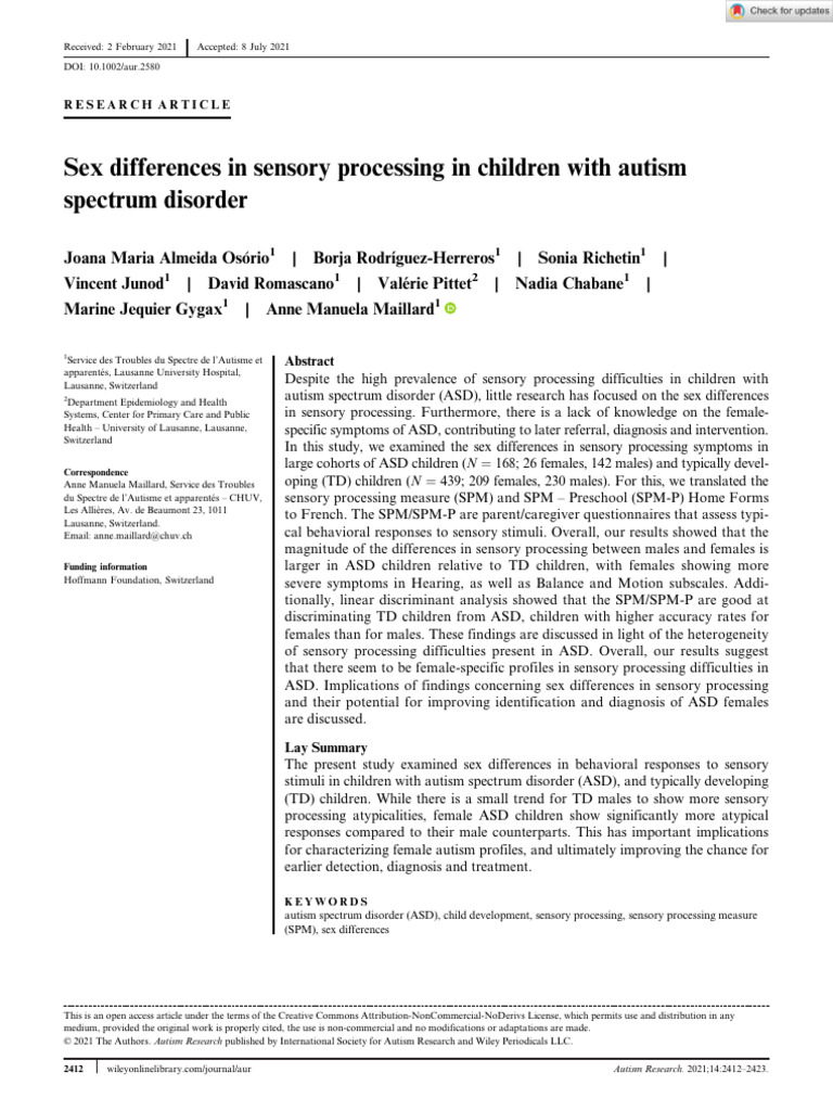 Autism Research 2021 Osório Sex Differences In Sensory Processing