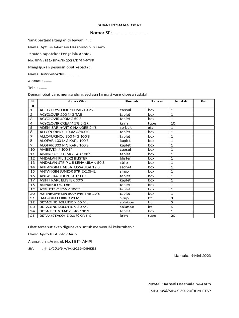 SURAT PESANAN OBAT Regular PT - GSM | PDF