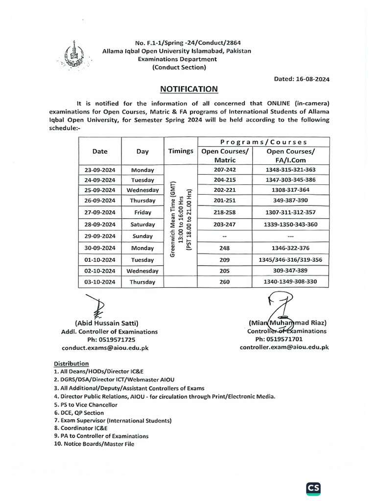 Date Sheet Ssc-Hssc-Open Cert Spring 2024 For International Students | PDF