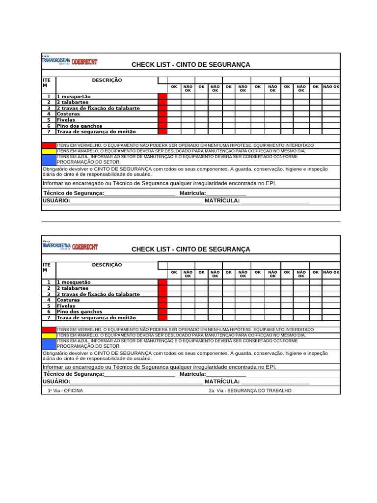 CHECK - LIST CINTO DE SEGURANÇA | PDF