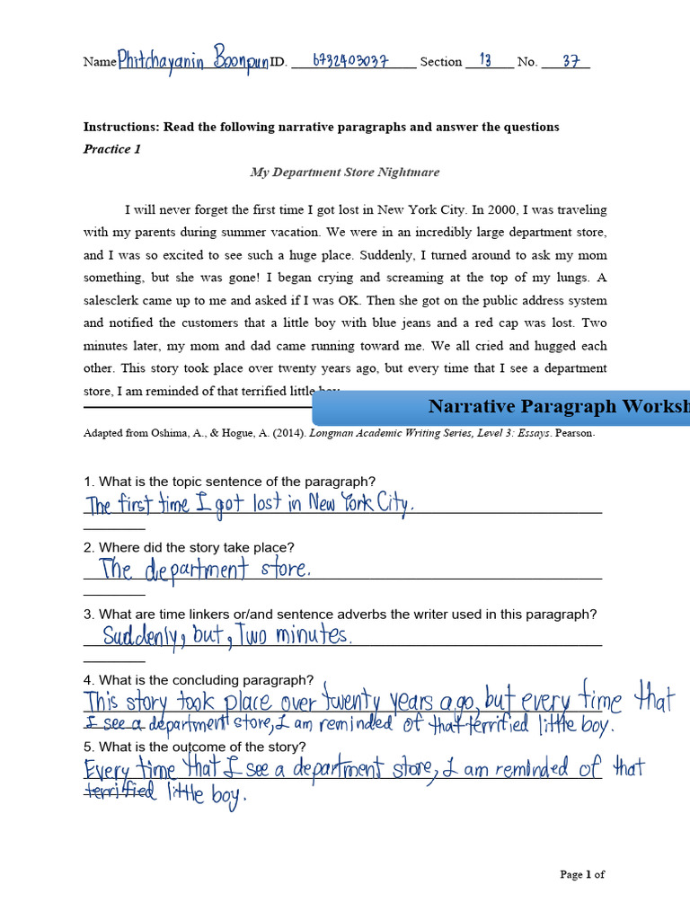 Narrative Paragraph Self-Study Video Worksheet | PDF