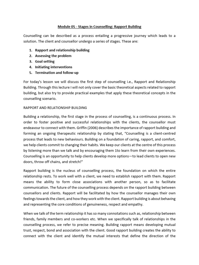 Stages in Counselling - Rapport Building | PDF