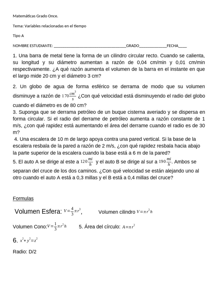 Examen Aplicación de La Derivada. Once Tipo A | PDF