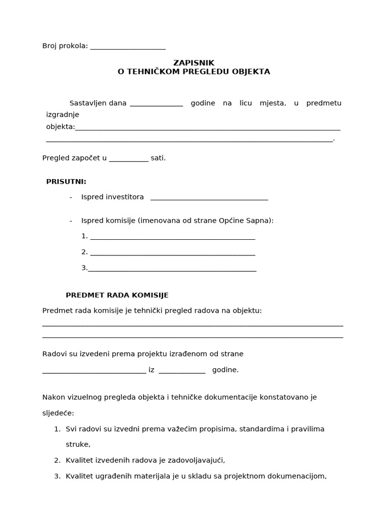 Tehnicki Pregled Objekta Obrazac | PDF