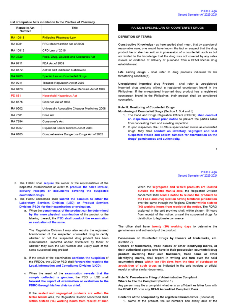 PH 34 - Legal Handout RA 3720 and RA 8203 | PDF