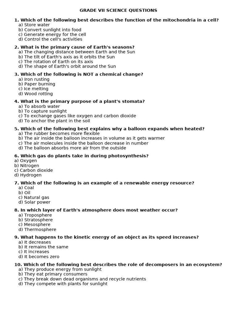 Grade Vii Science Questions | PDF