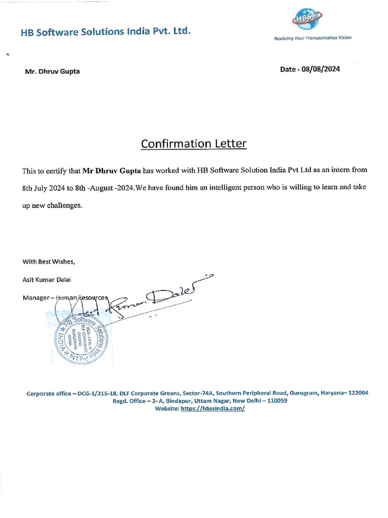 Dhruve Gupta - Confirmation Letter | PDF