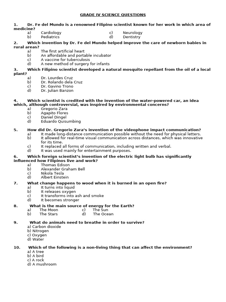 Grade Iv Science Questions | PDF