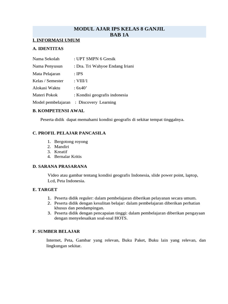 9.1 Modul Ajar IPS VIII ganjil Bab. 1A | PDF