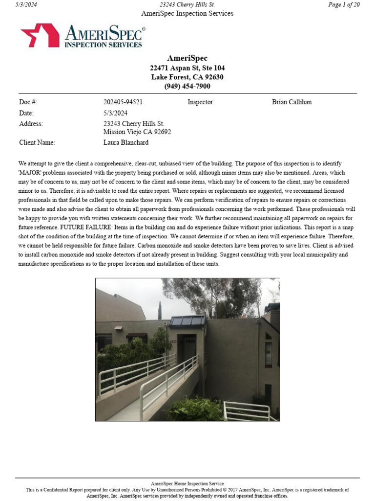 Amerispec: 22471 Aspan ST, Ste 104 Lake Forest, Ca 92630 (949) 454-7900 ...