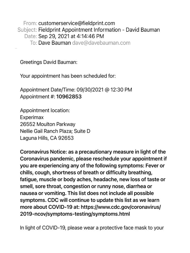 Fieldprint Appointment Information - David Bauman | PDF