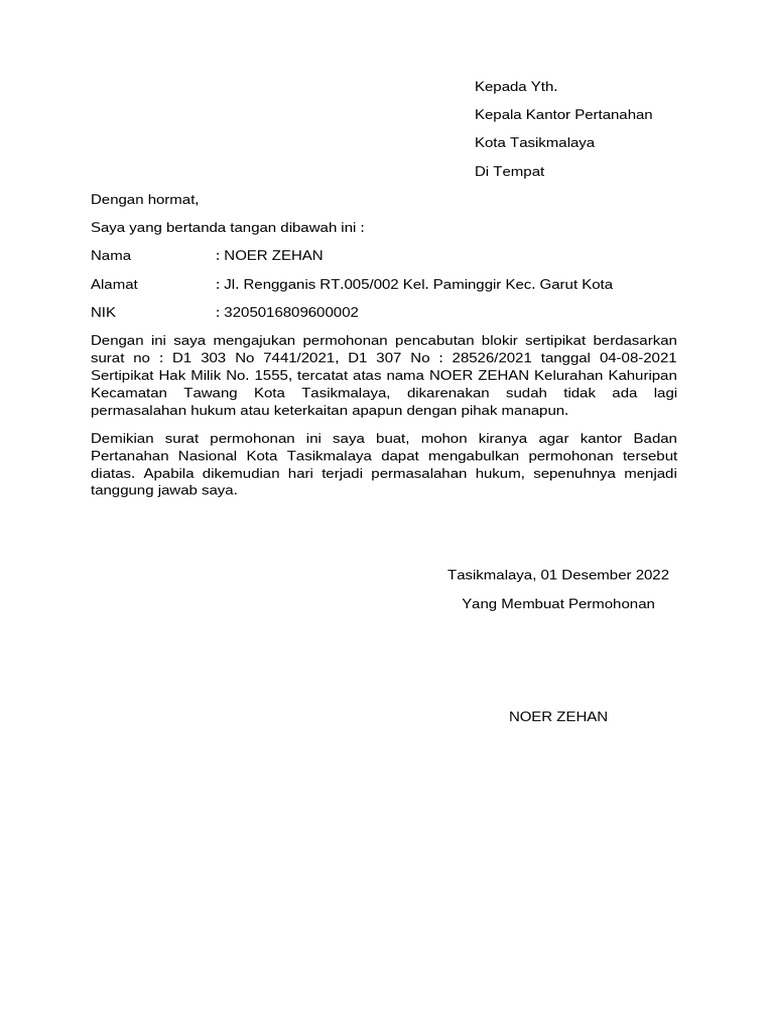 Surat Permohonan Pencabutan Blokir | PDF