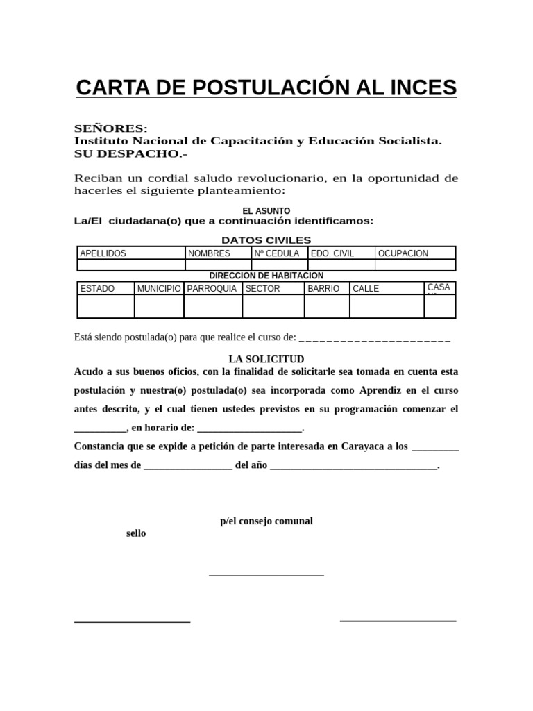 Carta de Postulación Al Inces | PDF