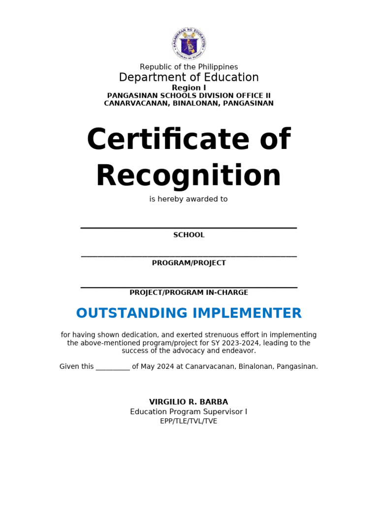 Template Certificate of Recognition Epp Tle Programs and Projects 1 | PDF