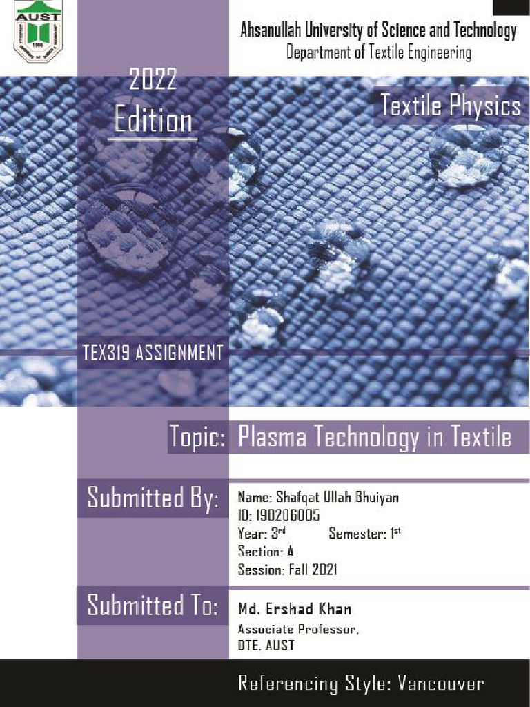 Assignment On Application of Plasma Technology in Textile | PDF | Plasma (Physics) | Textiles