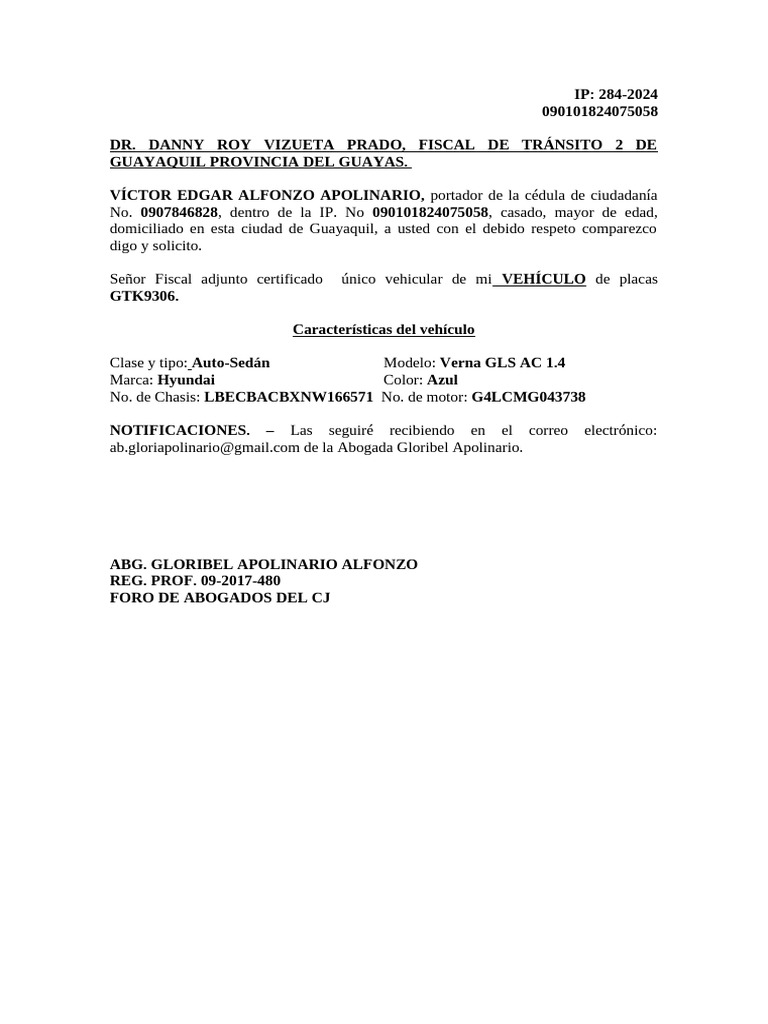 Escrito Devolución de Vehículo-1 | PDF