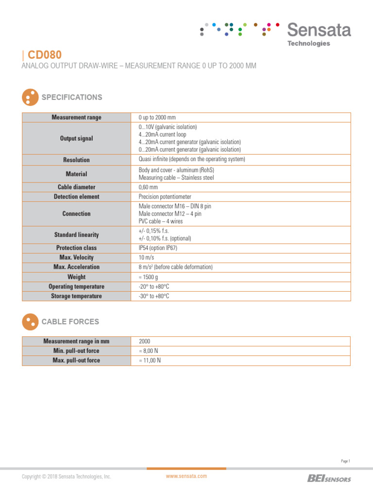 Sensata Cd080 Analog Output Draw Wire Datasheet | PDF