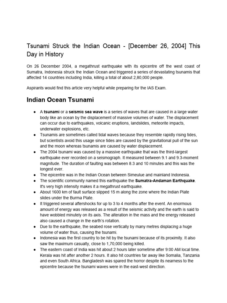 Tsunami Struck The Indian Ocean December 26 2004 This Day in History1 | PDF