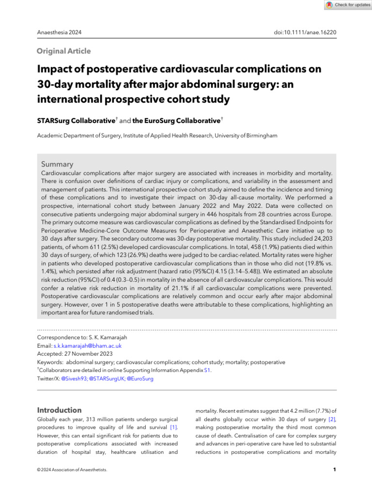 Anaesthesia - 2024 - Impact of Postoperative Cardiovascular ...