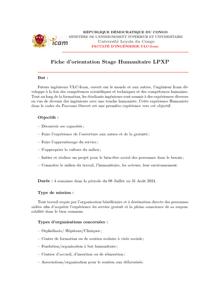 Fiche d'Orientation Du Stage | PDF